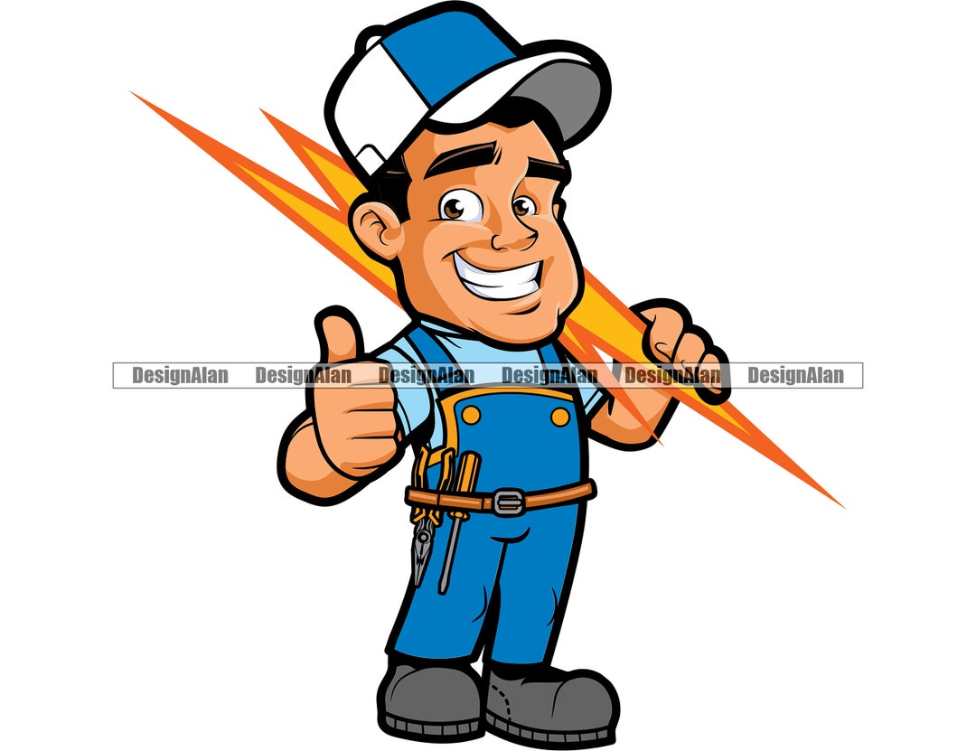 Electrician Man Thumbs up Happy Cartoon Character Lightning Bolt ...