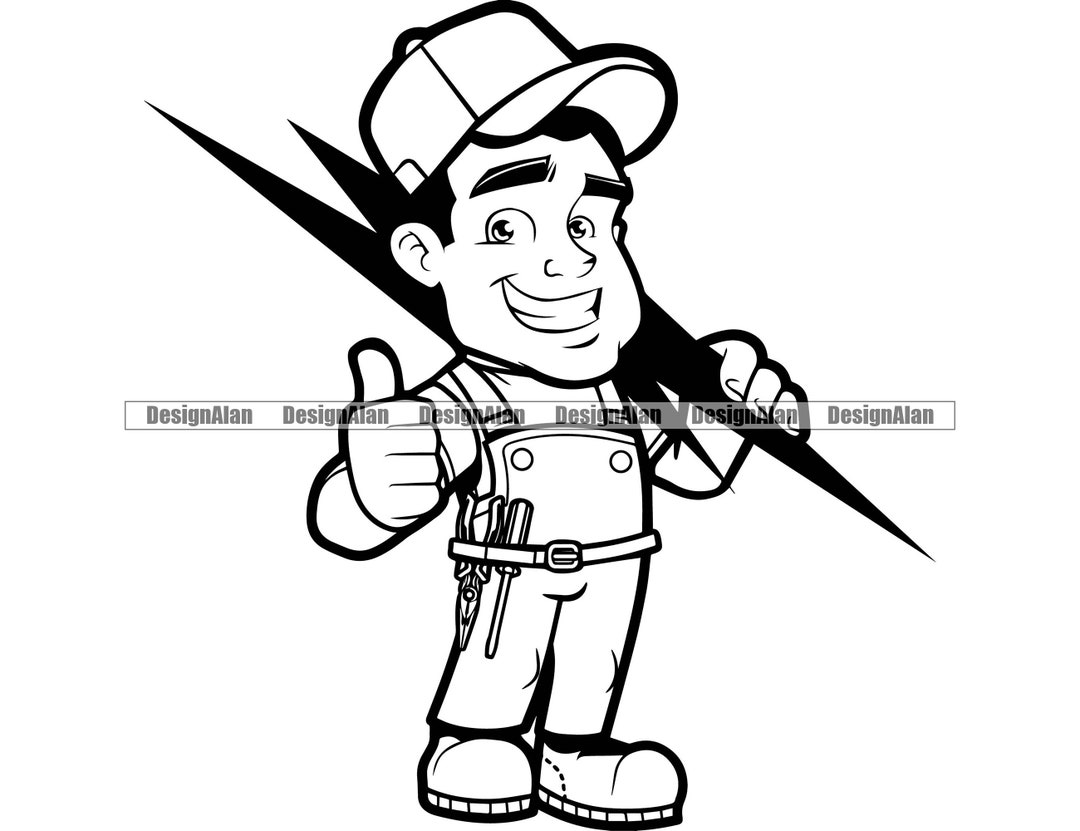 Electrician Man Thumbs up Happy Cartoon Character Lightning Bolt ...