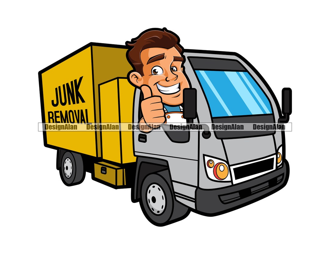 Junk Removal Truck Delivery Vehicle Happy Man Thumbs up Cartoon ...
