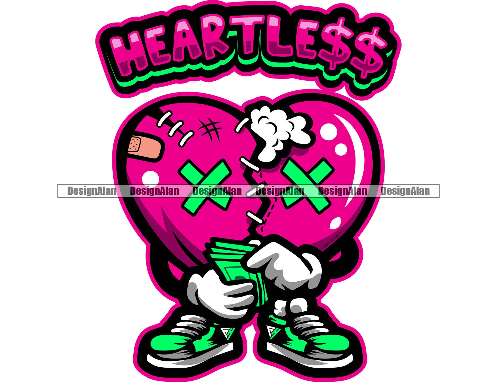 Pink Broken Heart Counting Money Hustle Cash Cartoon Character Hustling ...