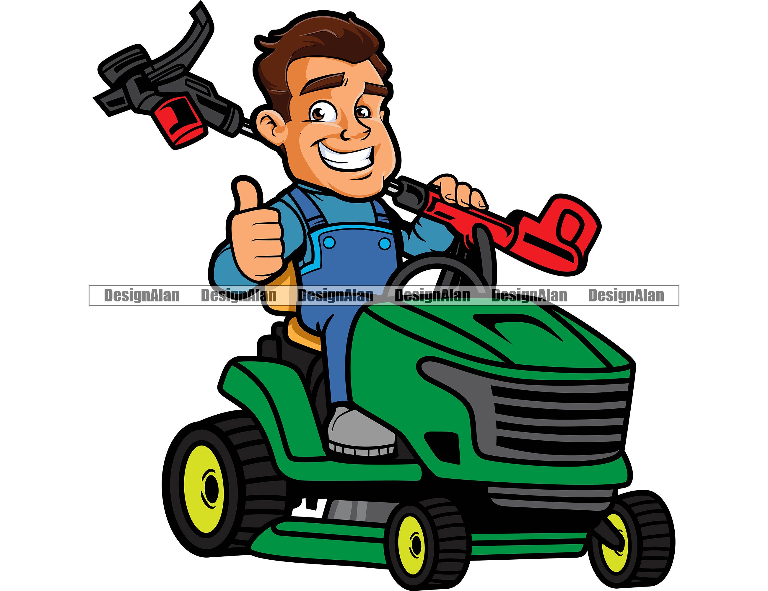 Landscaping Thumbs up Happy Man Lawnmower Cartoon Landscape Business ...