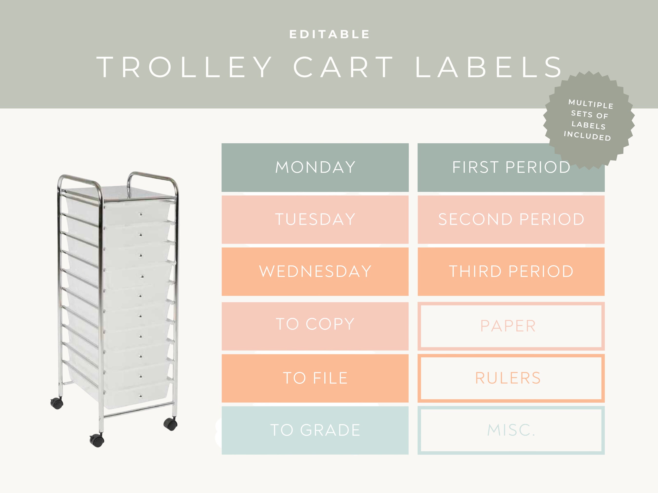 Teacher Rolling Trolley Cart Labels, Drawer Filing, Elementary ...