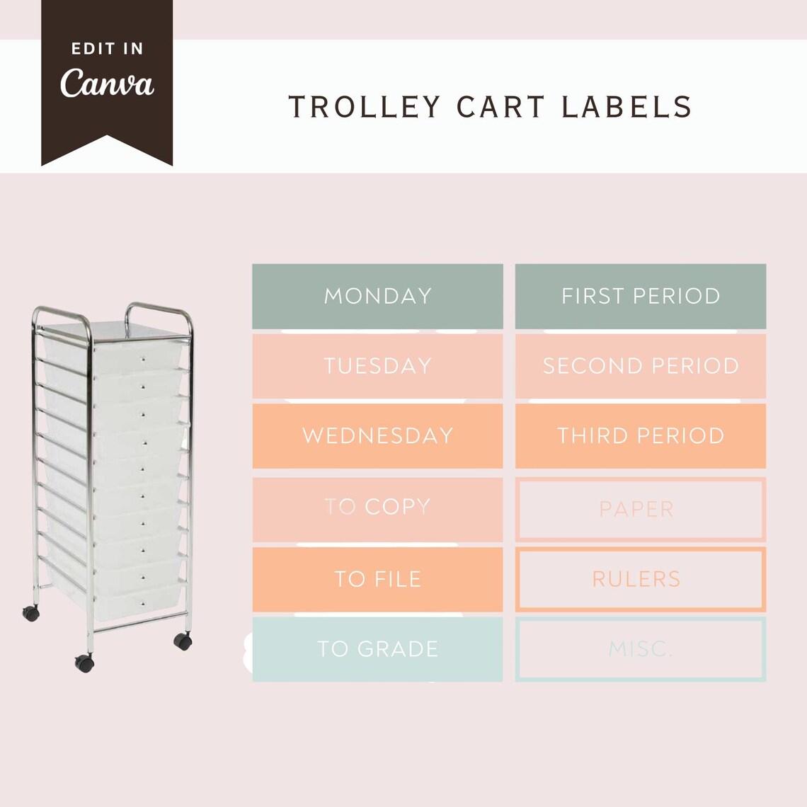 Teacher Rolling Trolley Cart Labels, Drawer Filing, Elementary ...