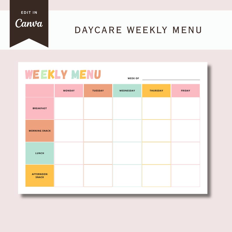 Daycare Weekly Menu, Weekly Meal Planner, Printable Preschool Menu ...
