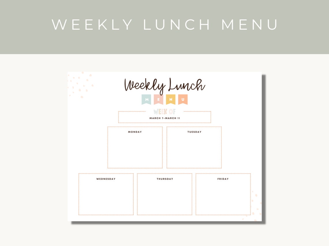 Weekly Lunch Menu, Printable Menu, Classroom Lunch Menu, Toddler Chart ...