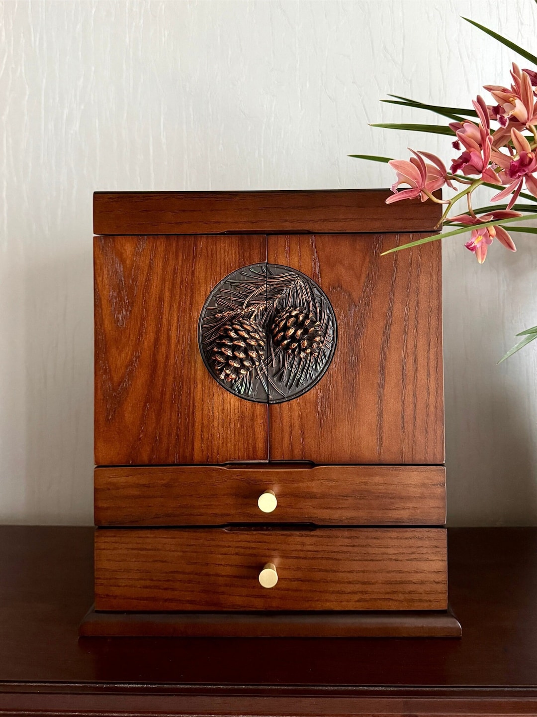 Walnut Wood Makeup Organizer With Mirror, Carved Pine Cone Handles ...