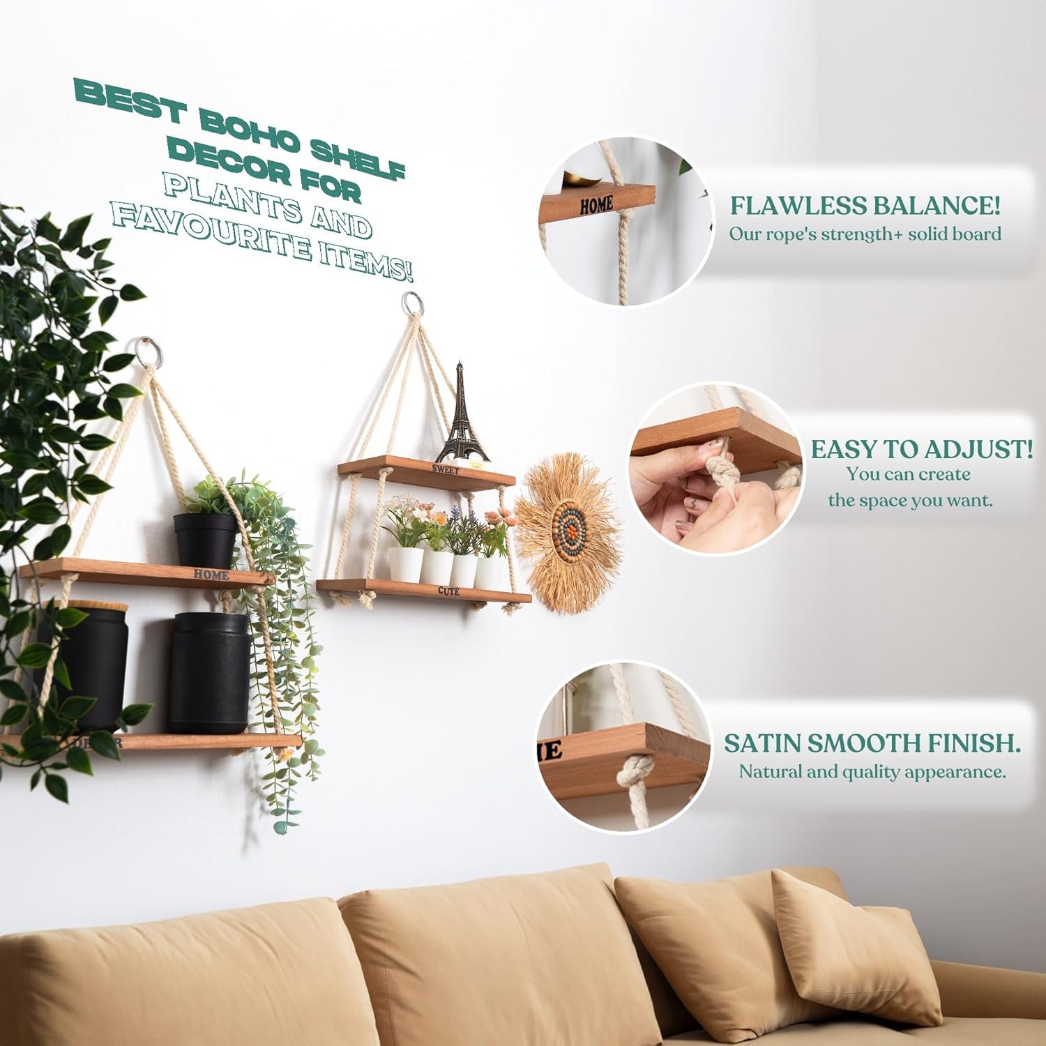 Hanging Shelves for Wall 2 Set Bundle Floating Shelves Boho Wall Decor ...