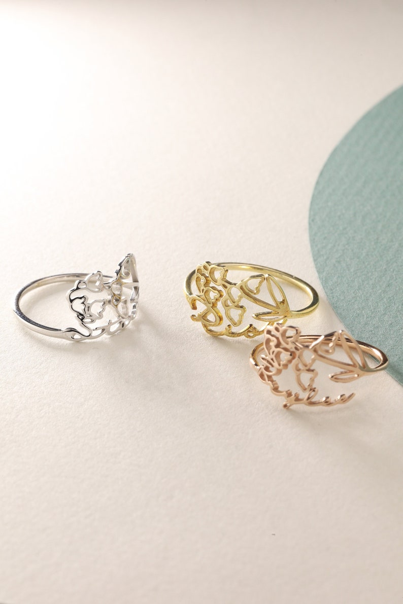 Birth Flower Name Ring 925 Sterling Silver Custom Birth Month - Etsy