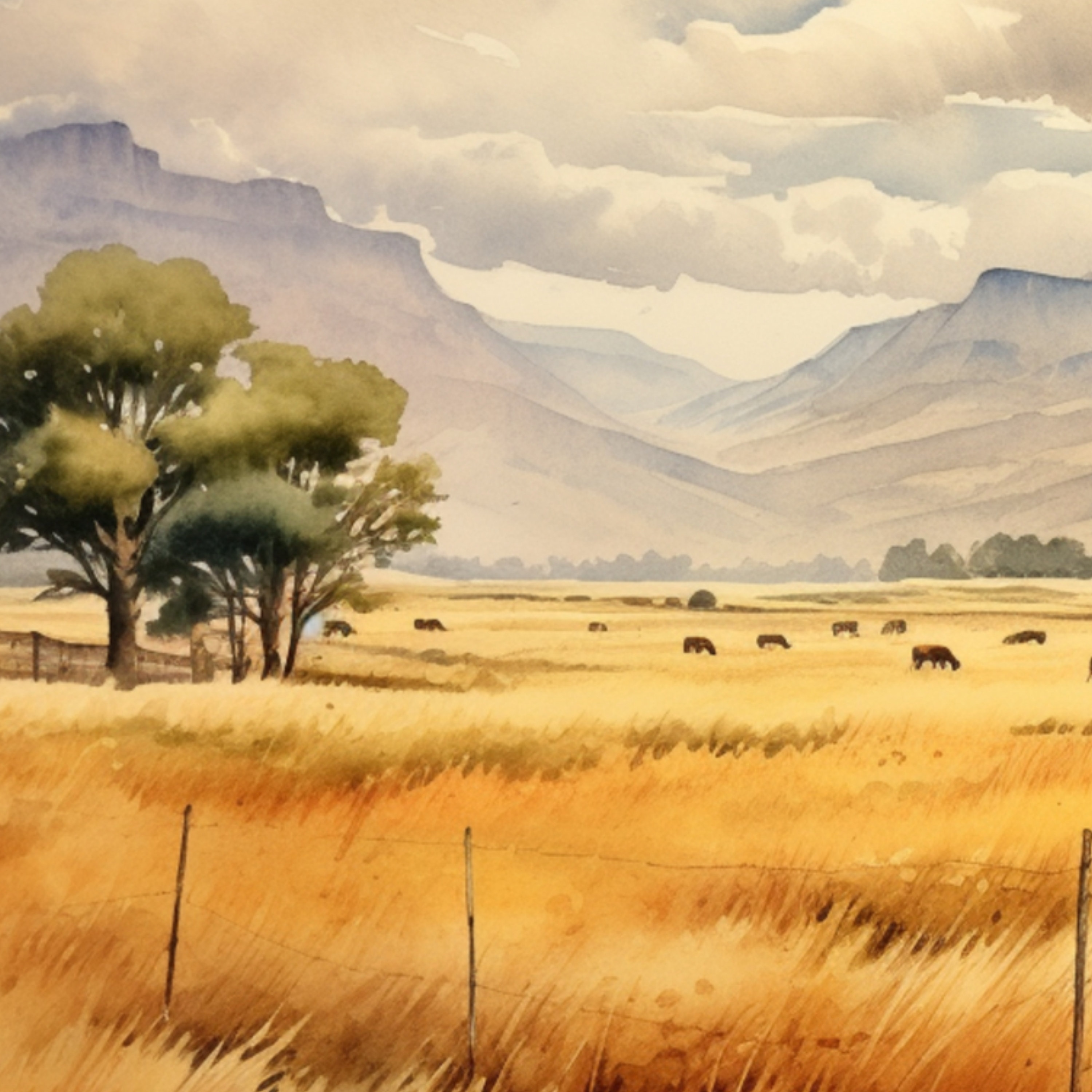 PRINTABLE Art | Montana Cattle Ranch Watercolor Painting | Mountain ...