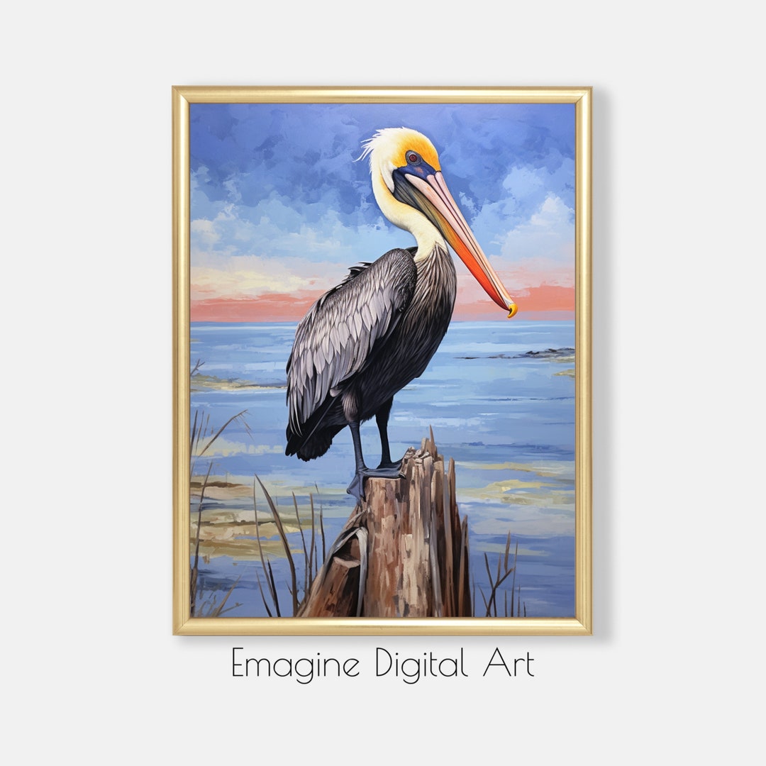 PRINTABLE ART | Pelican Perched on Post by Seashore | Tropical Bird ...