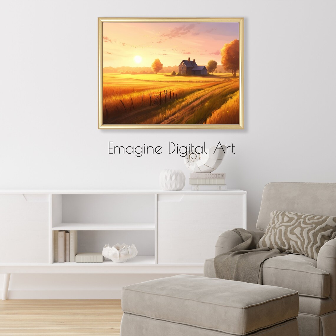 PRINTABLE ART Midwestern Farmhouse Amid Golden Wheat Field at Sunrise ...