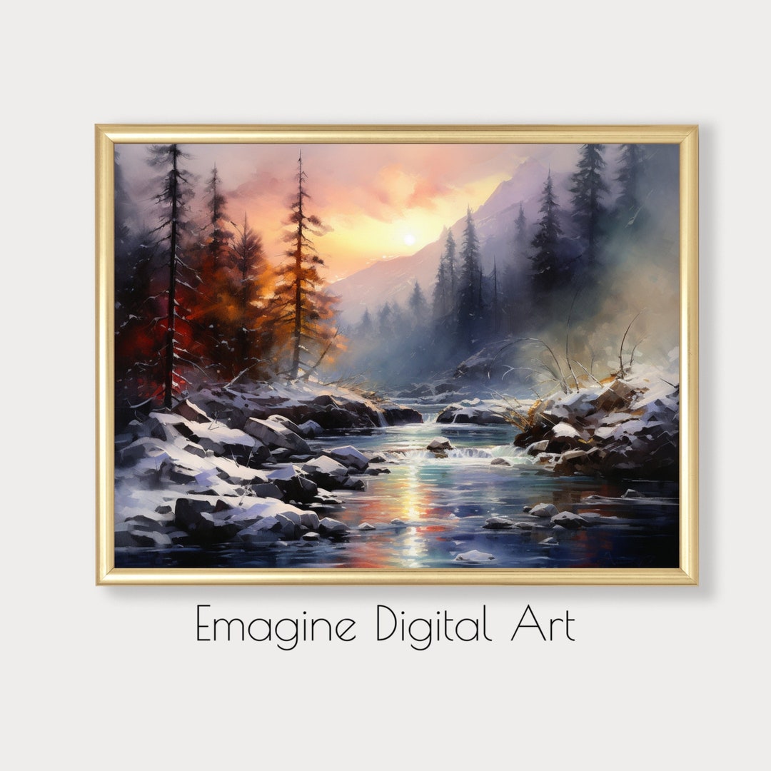 ARTE IMPRIMIBLE / Winter Wilderness River al atardecer / Decoración de ...
