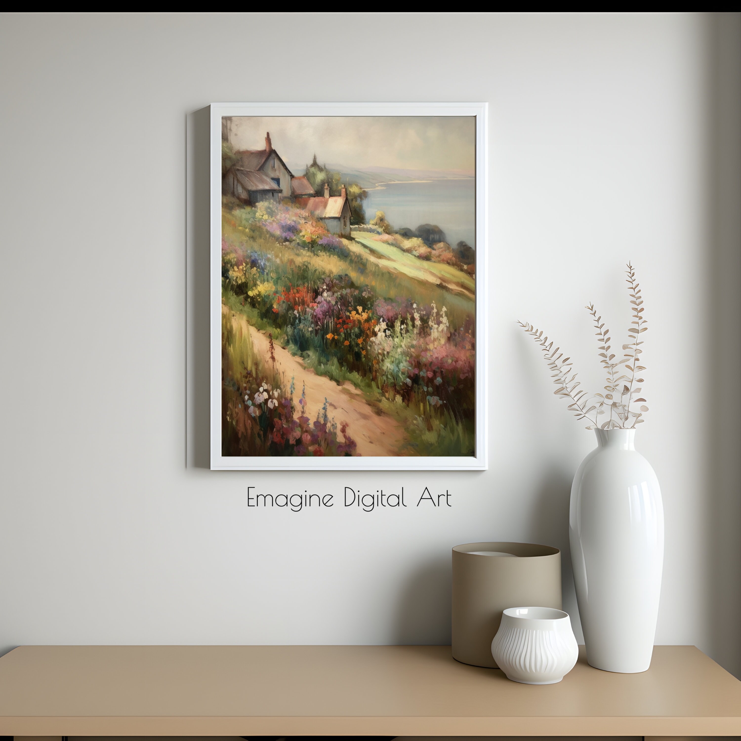 PRINTABLE ART Pastel European Hillside Cottage on Peaceful Lake ...