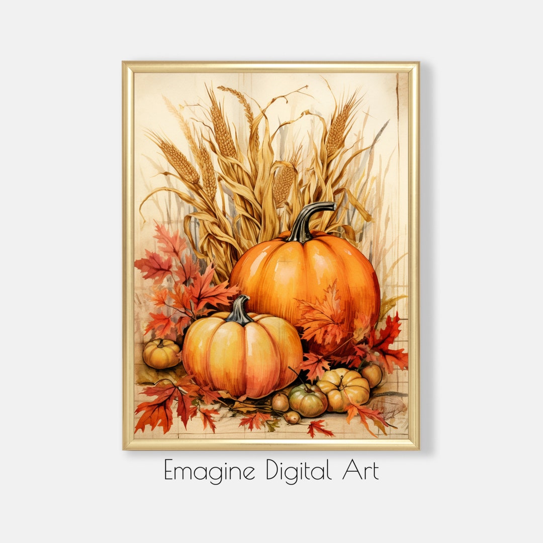 PRINTABLE ART | Fall Harvest Pumpkins, Autumn Leaves and Cornstalks ...