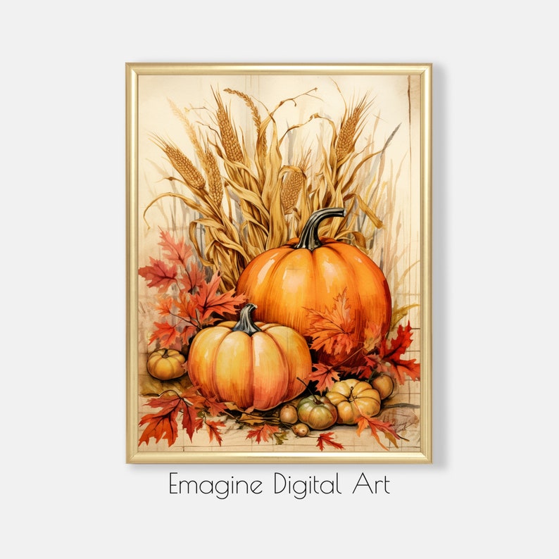 PRINTABLE ART | Fall Harvest Pumpkins, Autumn Leaves and Cornstalks ...