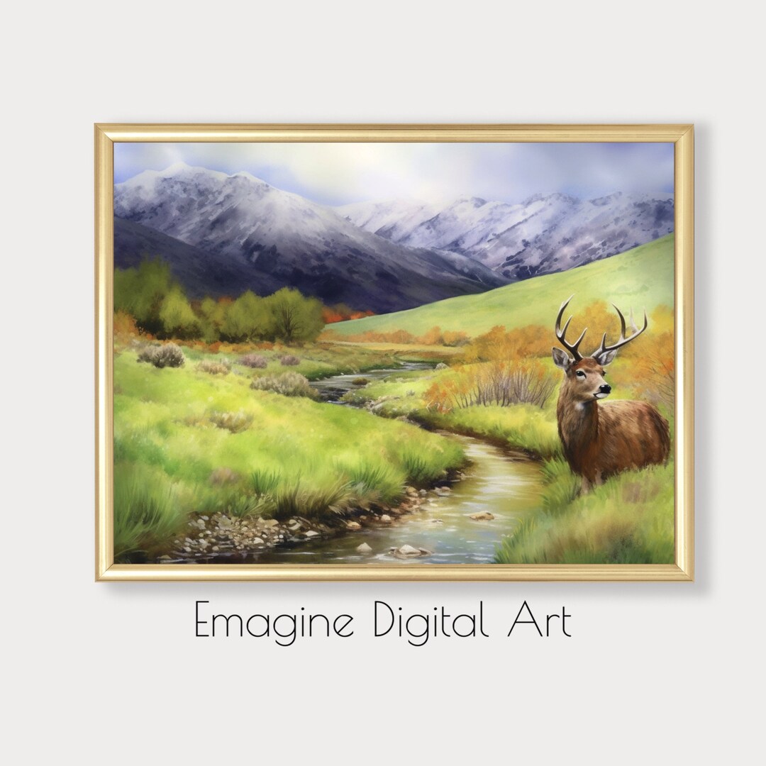 PRINTABLE ART | Mountains, Stream and Buck Deer | Rustic Wilderness ...