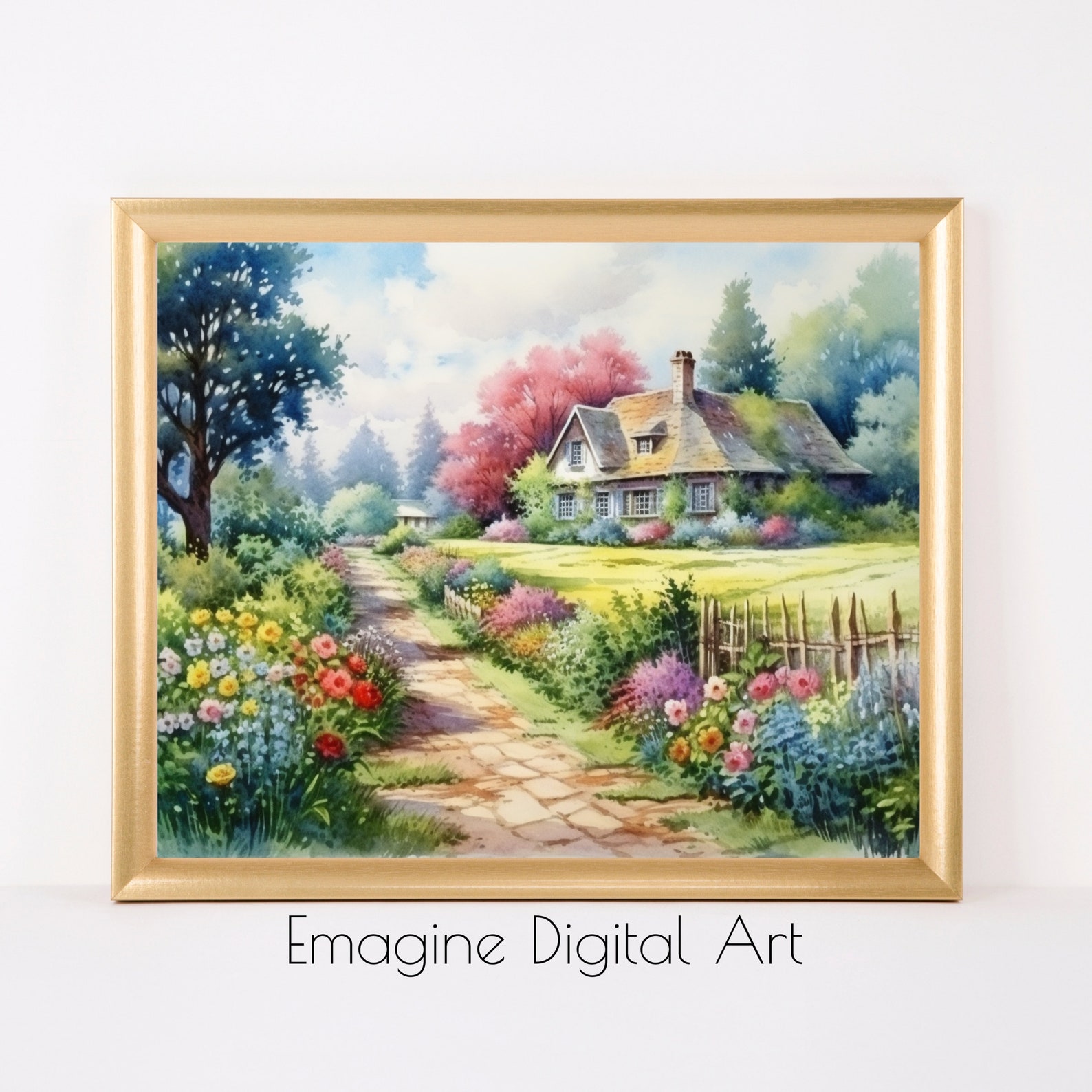 PRINTABLE ART Country Home and Flower Garden Watercolor Painting Floral ...