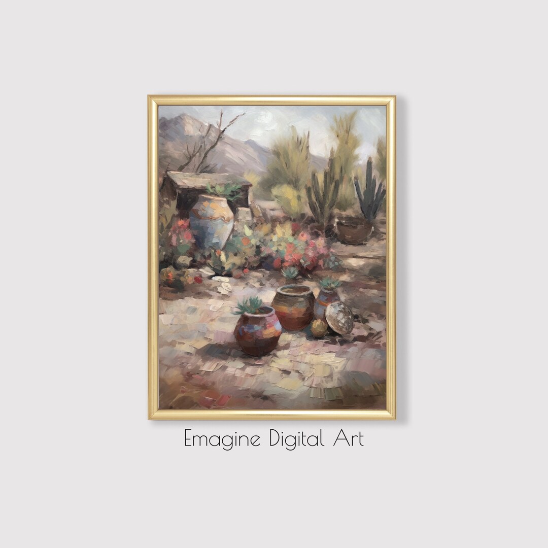 Southwest Art Print | Desert Pottery, Cactus Scene (digital Download ...
