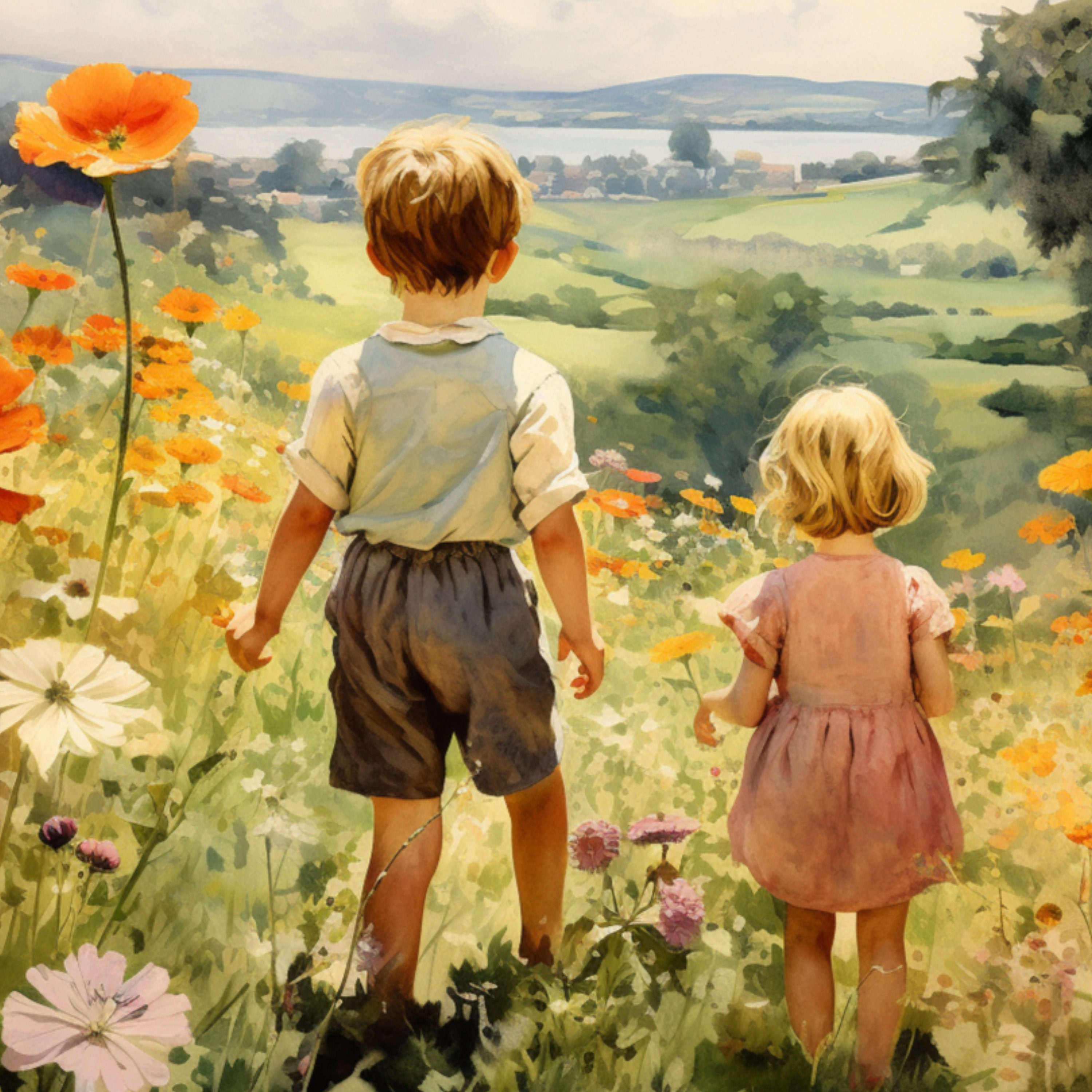 PRINTABLE ART | Watercolor Landscape With Children and Wildflowers ...