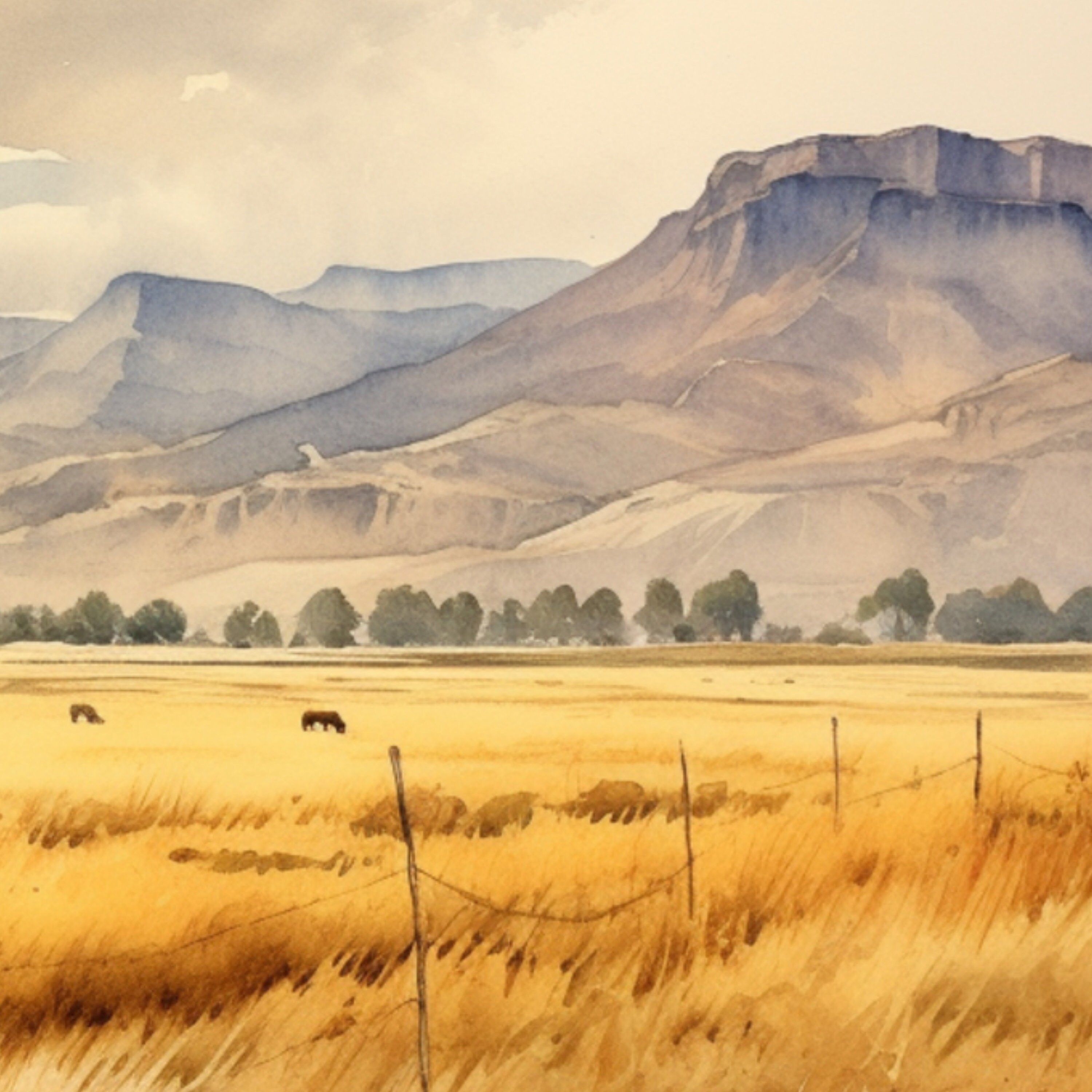 PRINTABLE Art | Montana Cattle Ranch Watercolor Painting | Mountain ...