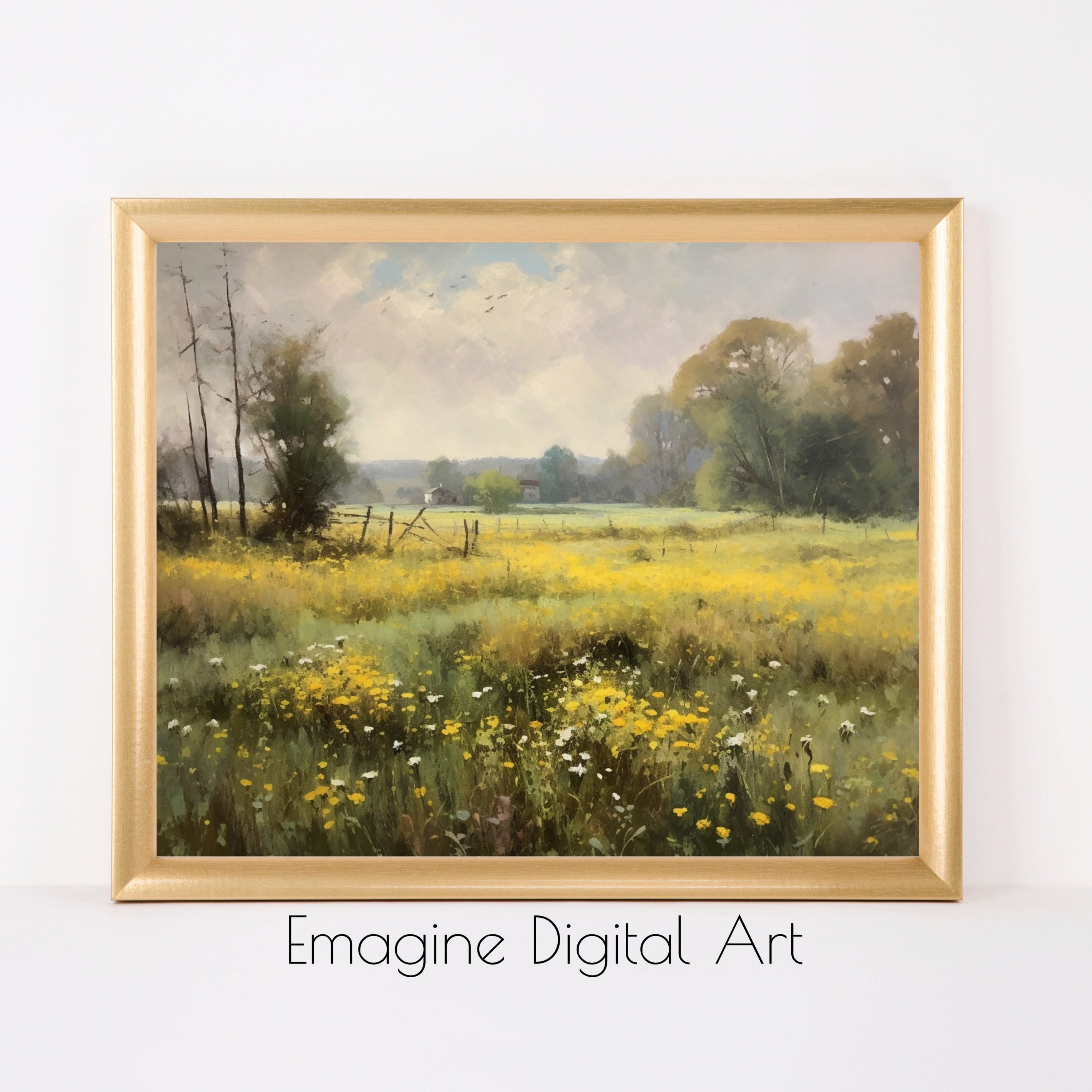 PRINTABLE ART Vintage Country Landscape Yellow Wildflowers Floral Wall ...