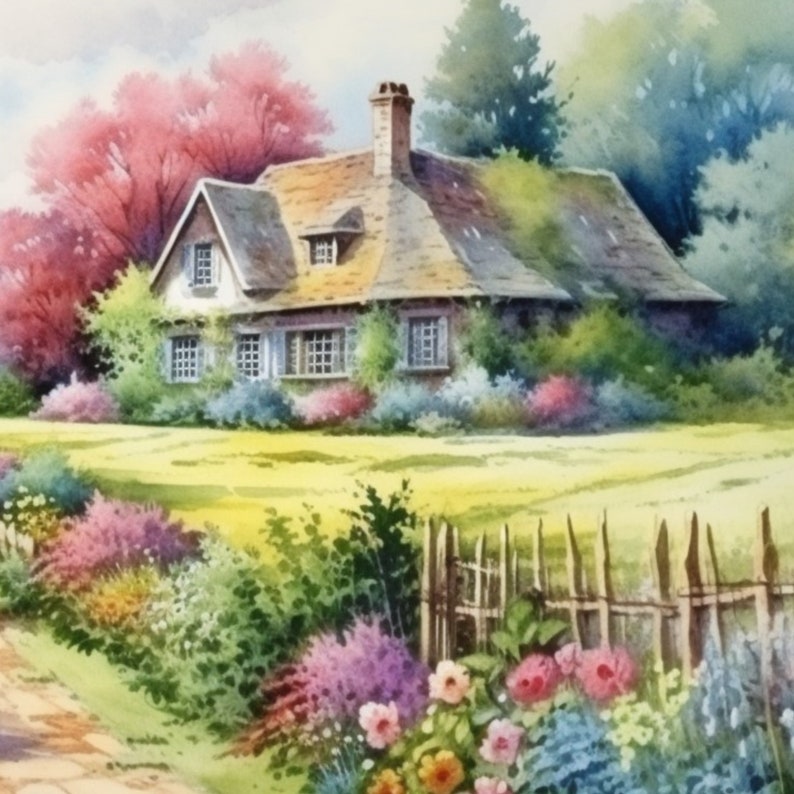 PRINTABLE ART Country Home and Flower Garden Watercolor Painting Floral ...