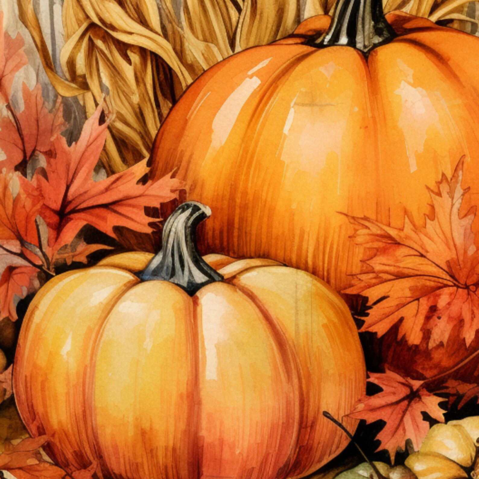 PRINTABLE ART | Fall Harvest Pumpkins, Autumn Leaves and Cornstalks ...