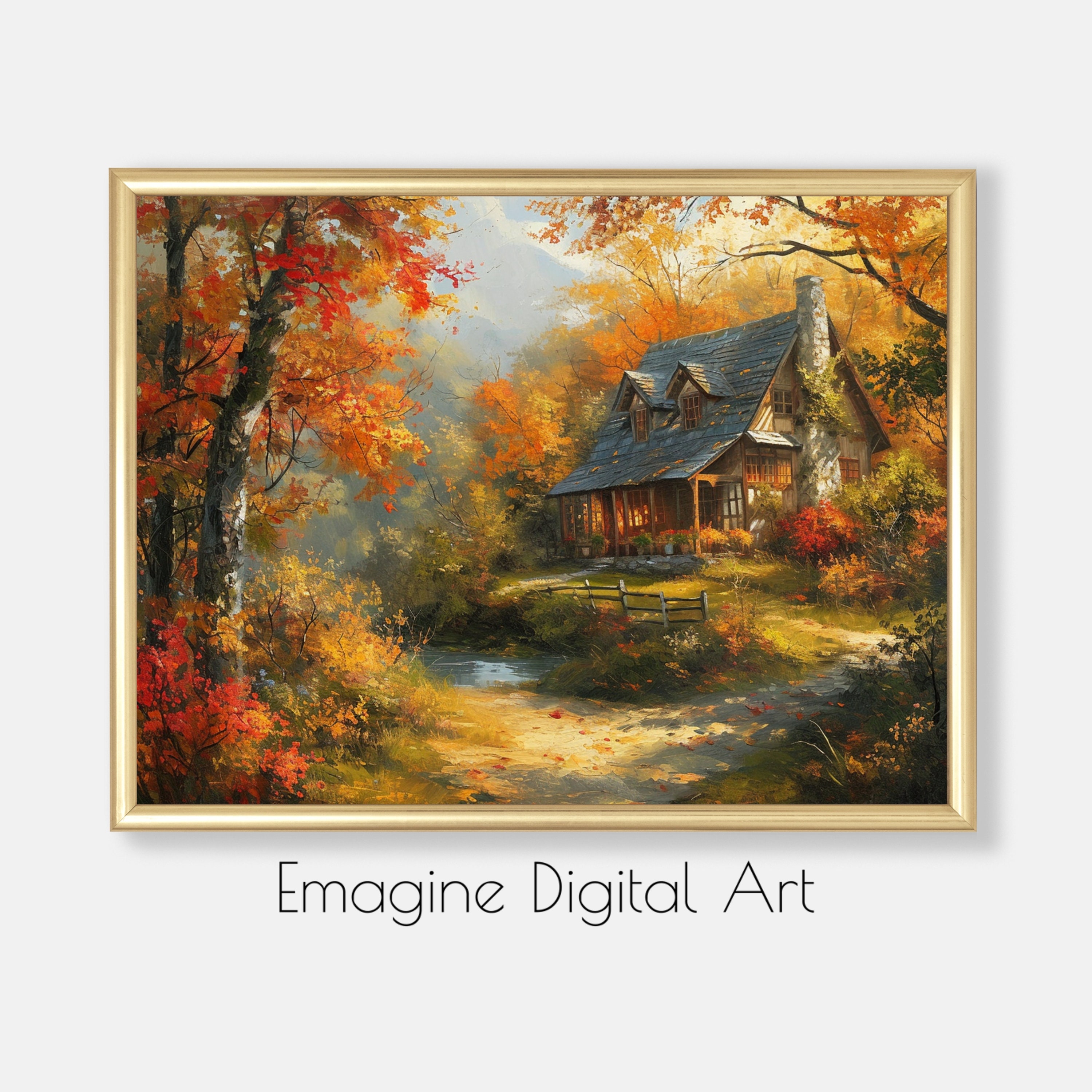 PRINTABLE ART | Autumn Country Cottage Landscape | Autumn Wall Decor ...