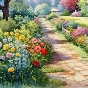 PRINTABLE ART | Country Home and Flower Garden Watercolor Painting ...
