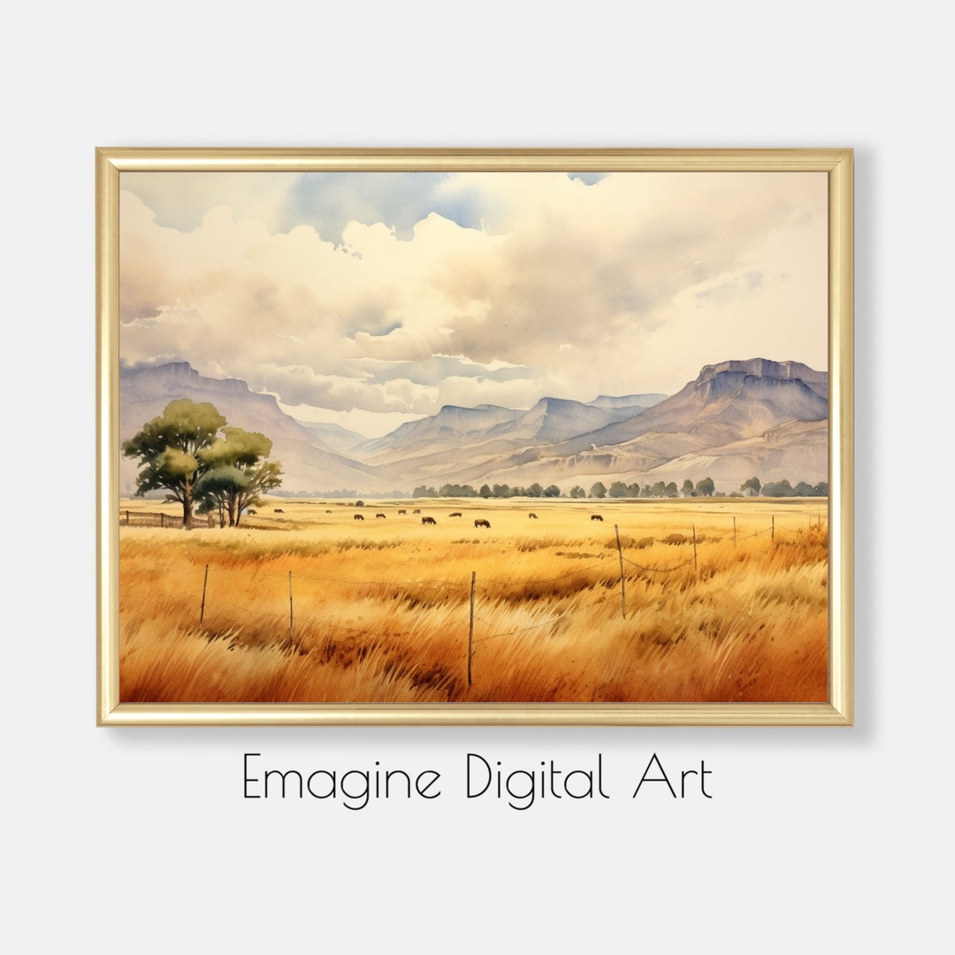 PRINTABLE Art | Montana Cattle Ranch Watercolor Painting | Mountain ...
