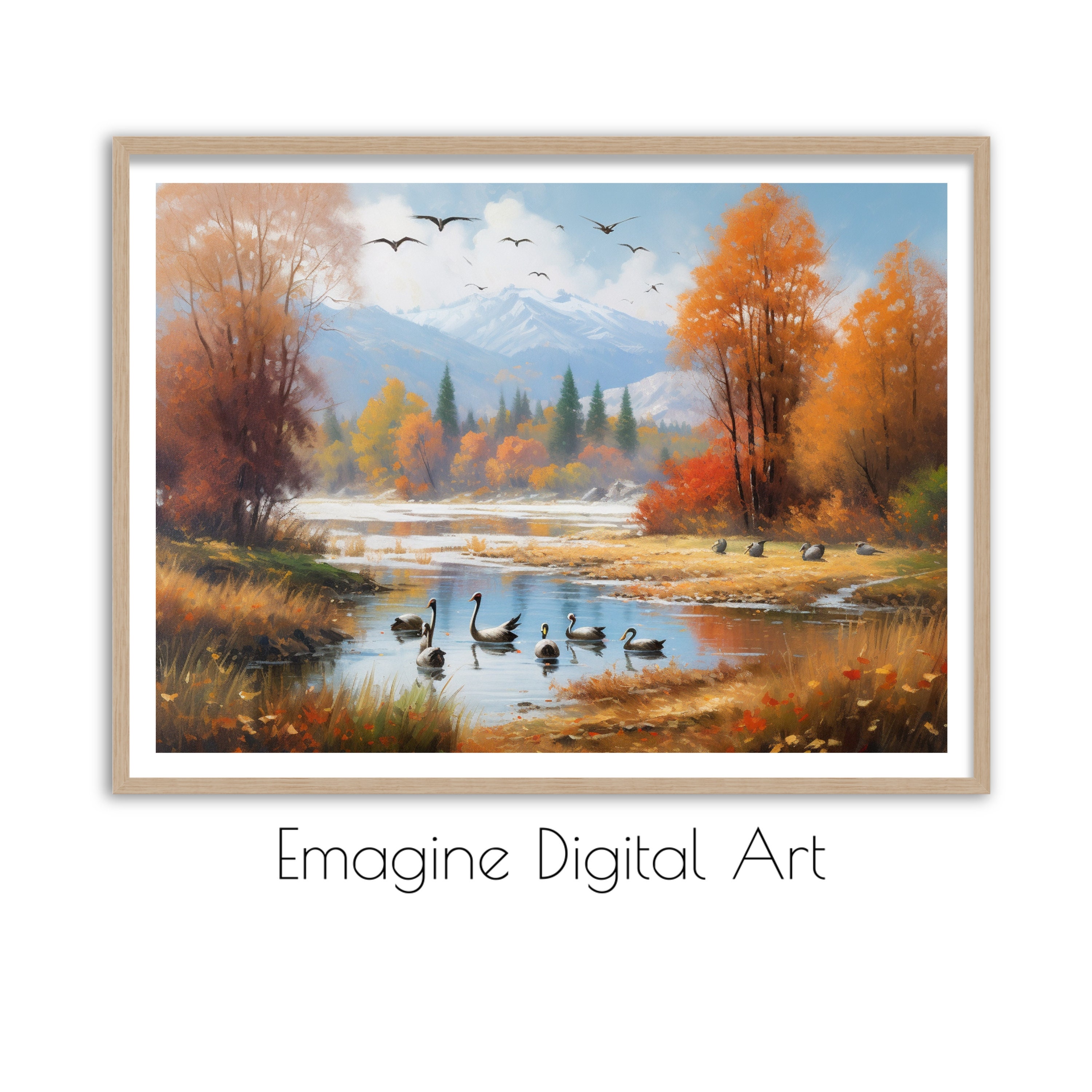 PRINTABLE ART Rustic Woodland Landscape Autumn Scene With Ducks, Geese ...