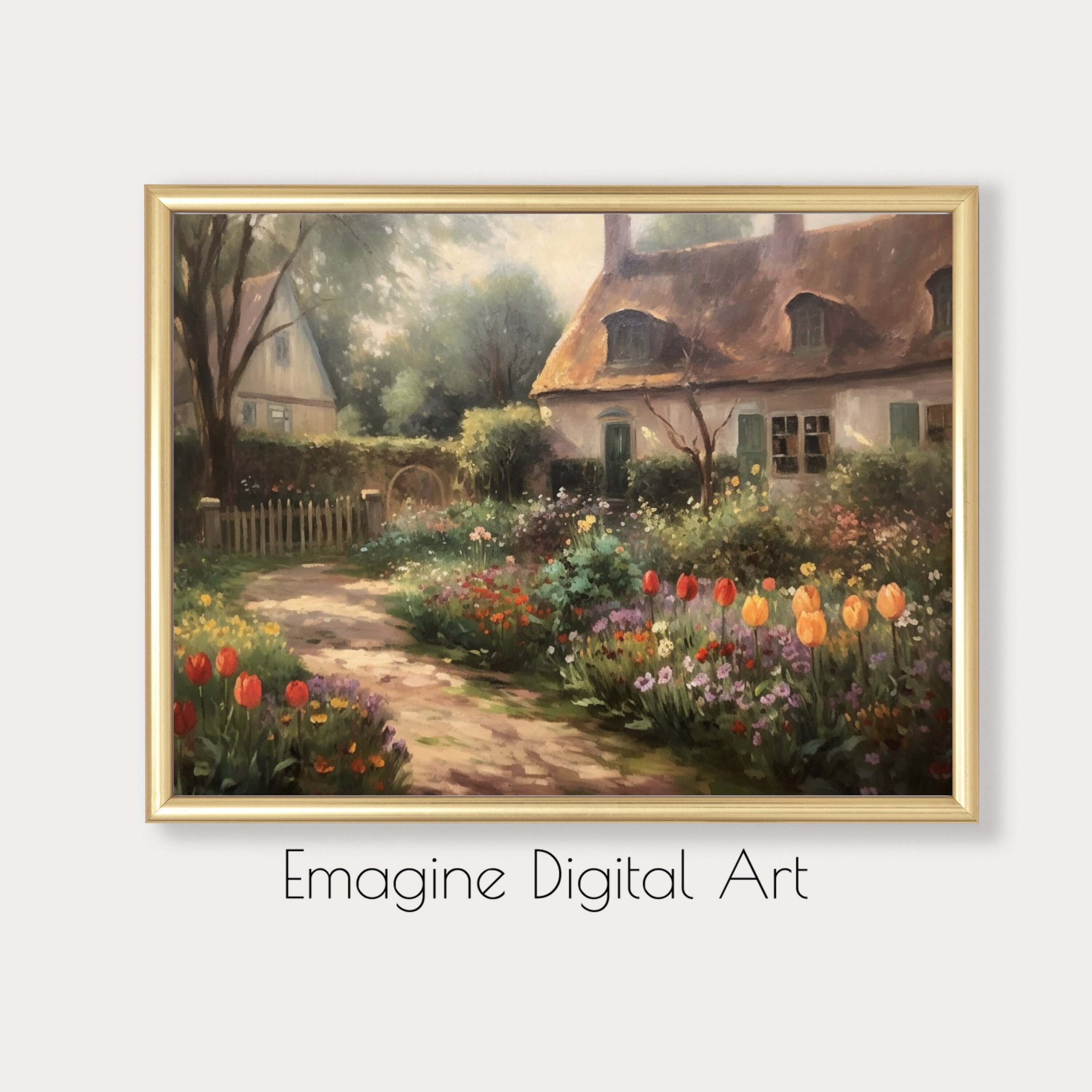 PRINTABLE ART | Vintage European Cottage With Tulip Garden | Country ...