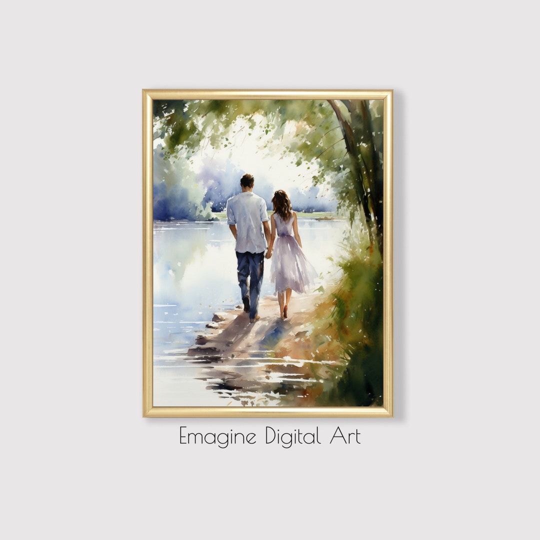 PRINTABLE ART | Romantic Couple Walking by Lake Watercolor Painting ...