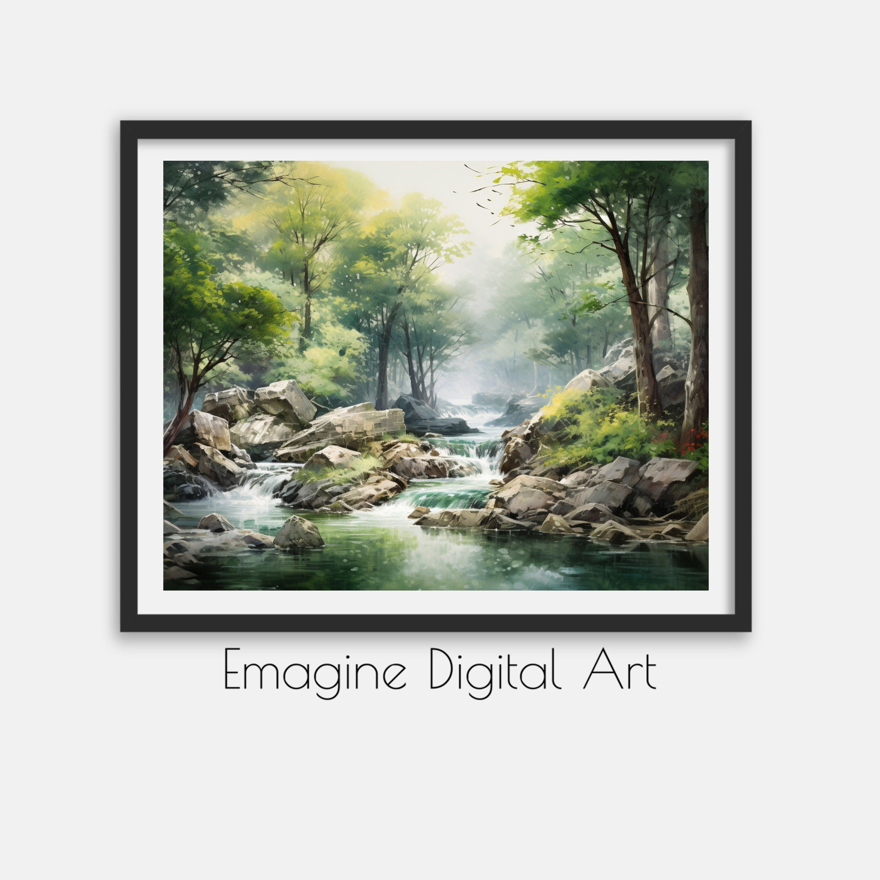 PRINTABLE ART Summer Forest Landscape With Rocky River Nature Wall ...