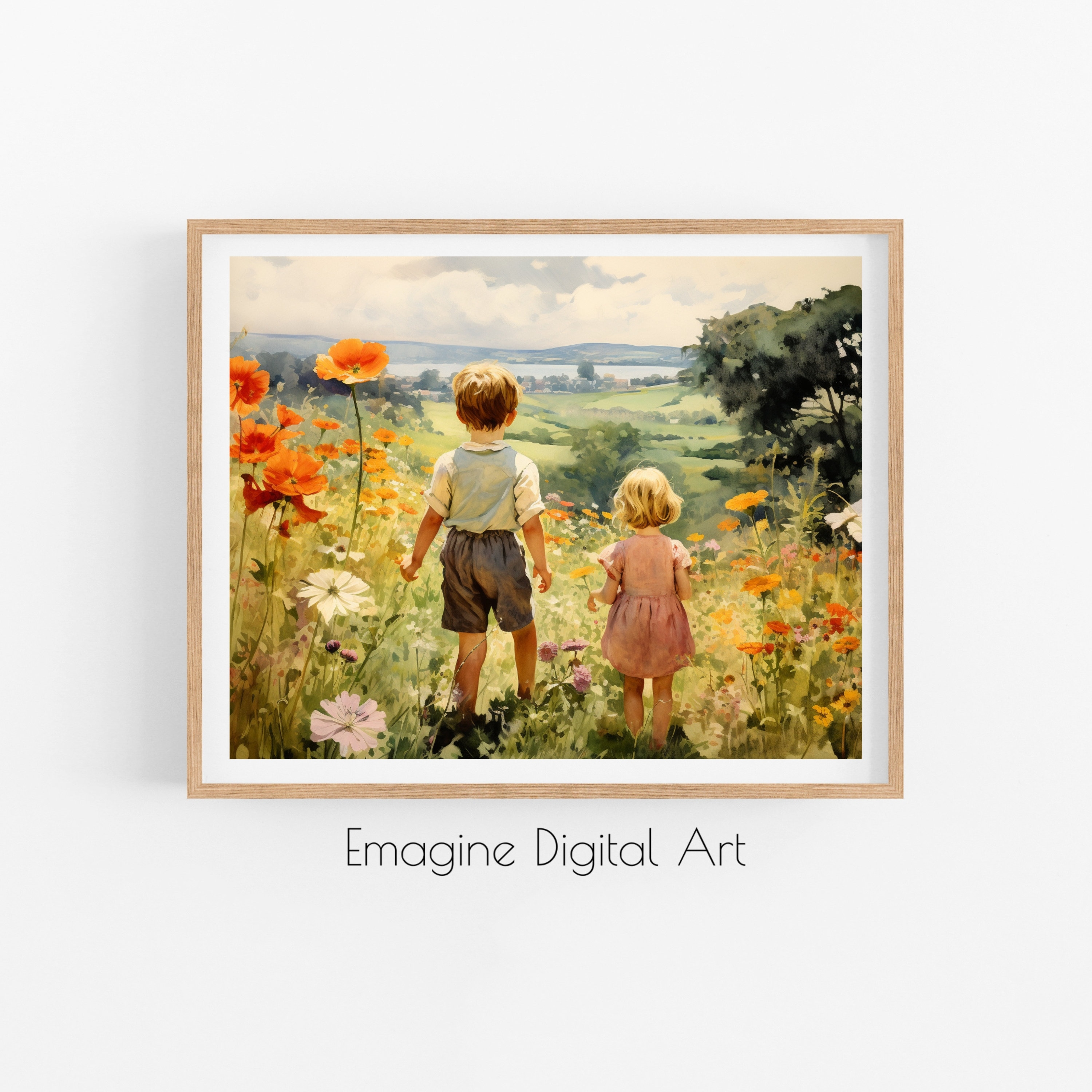 PRINTABLE ART | Watercolor Landscape With Children and Wildflowers ...