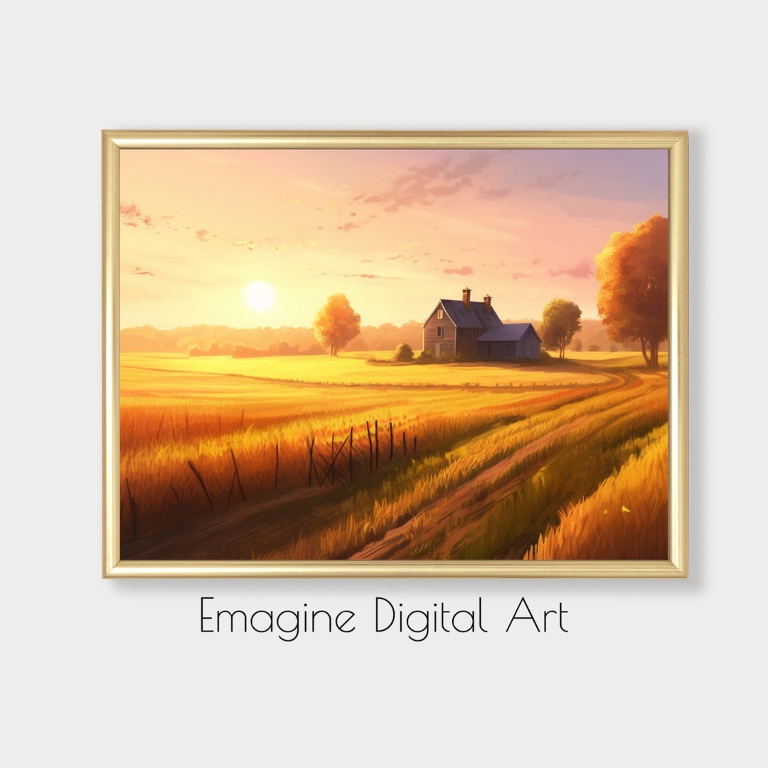 PRINTABLE ART | Midwestern Farmhouse Amid Golden Wheat Field at Sunrise ...