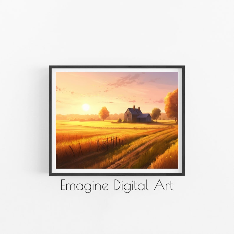 PRINTABLE ART Midwestern Farmhouse Amid Golden Wheat Field at Sunrise ...