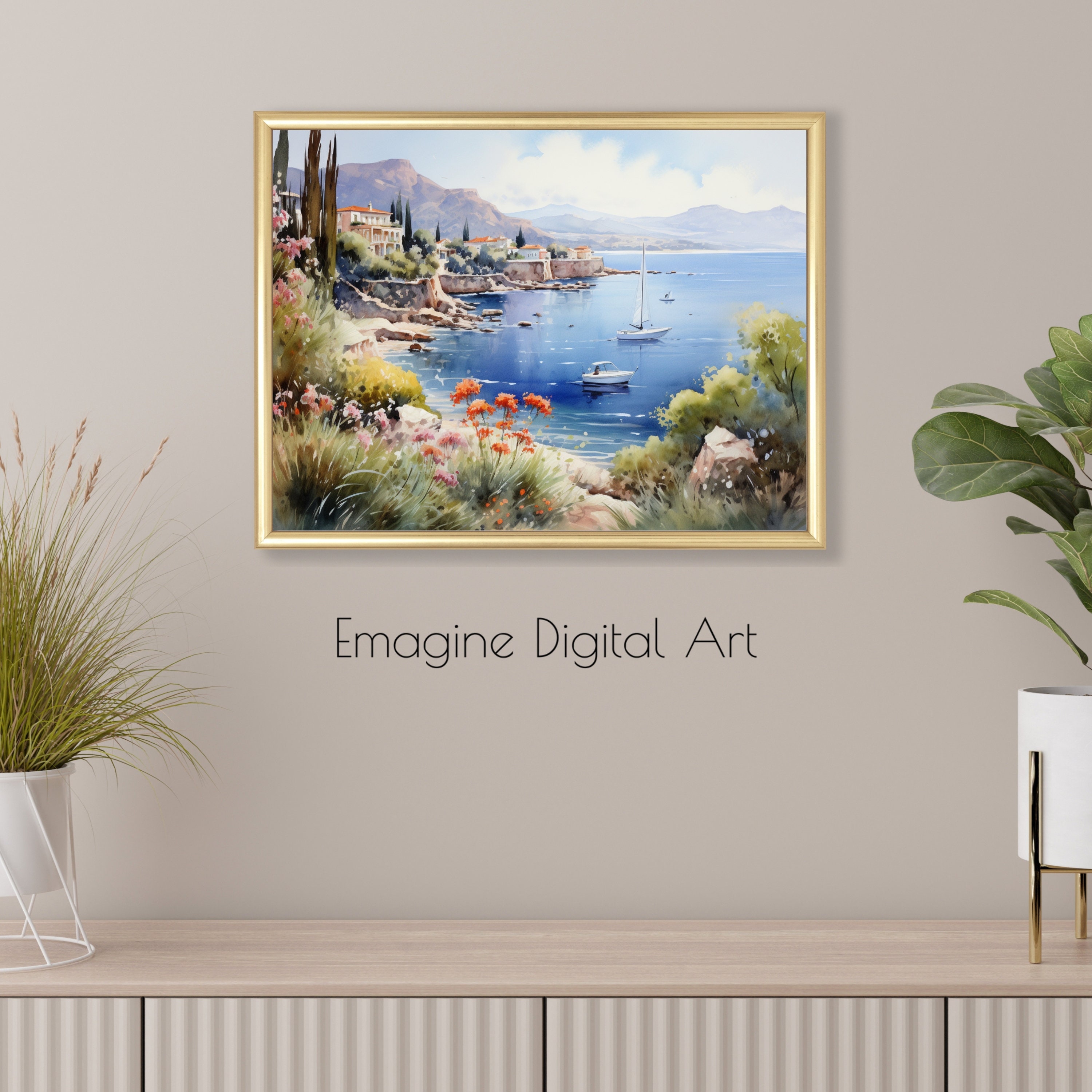 PRINTABLE ART | Mediterranean Coastline Watercolor Painting | European ...