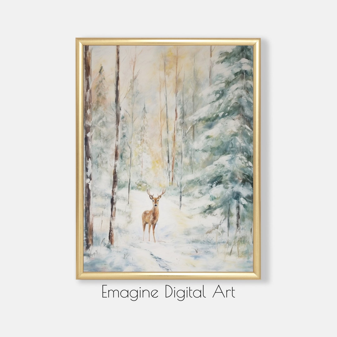 PRINTABLE ART | Winter Forest Scene With Deer Painting | Winter Wall ...