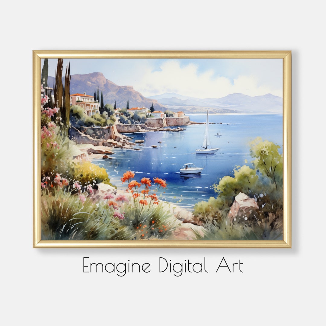 PRINTABLE ART | Mediterranean Coastline Watercolor Painting | European ...