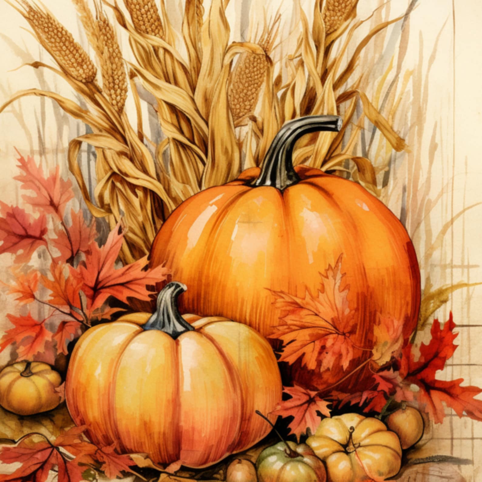 PRINTABLE ART | Fall Harvest Pumpkins, Autumn Leaves and Cornstalks ...