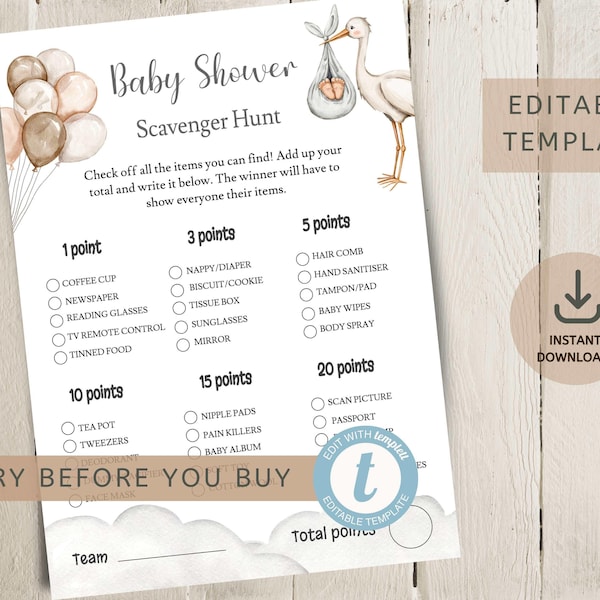 Baby Shower Scavenger Hunt Virtual, Editable Template, Printable, PDF ...