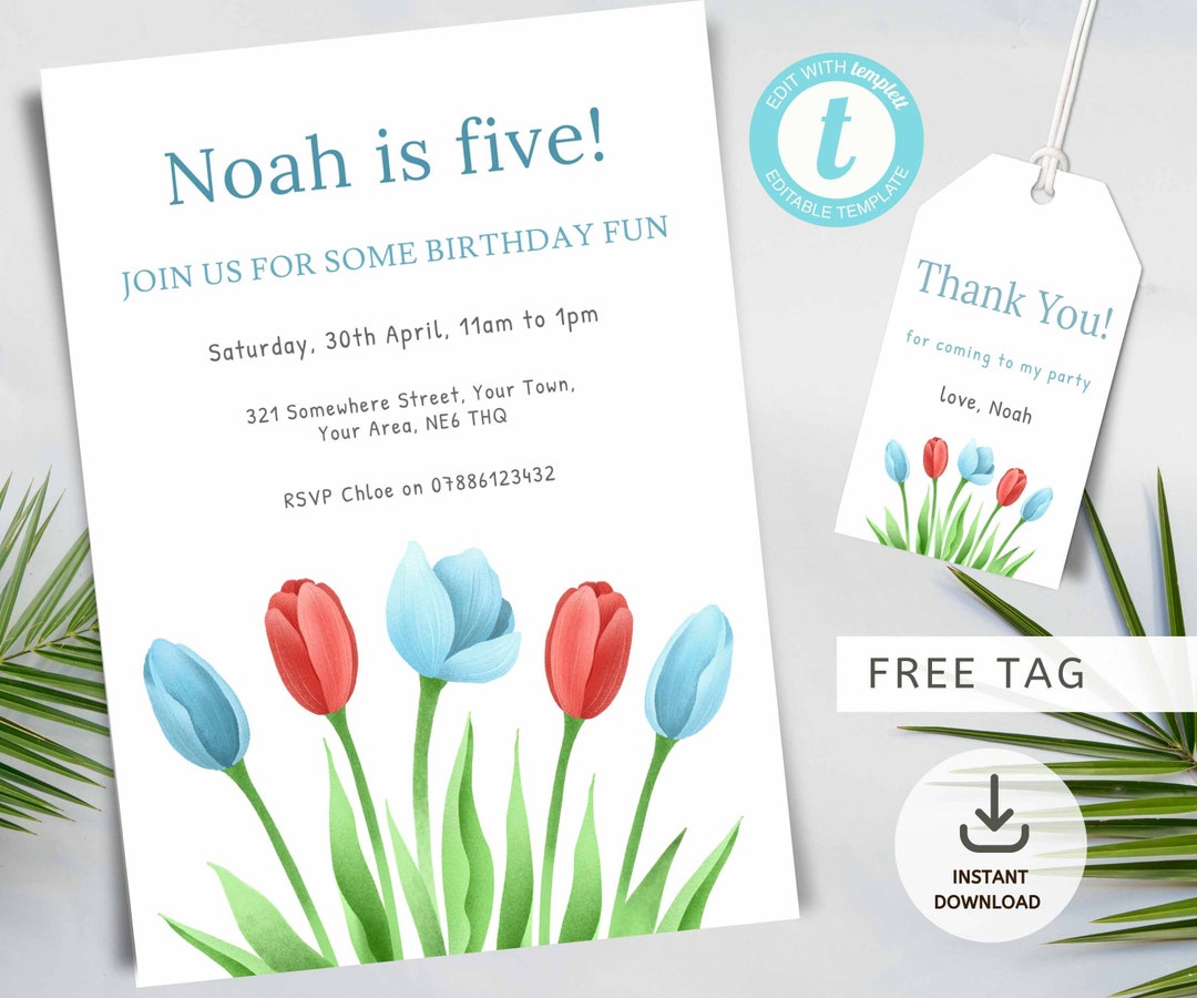 Red and Blue Tulip Birthday Invitation, Spring Flowers Birthday, Red ...