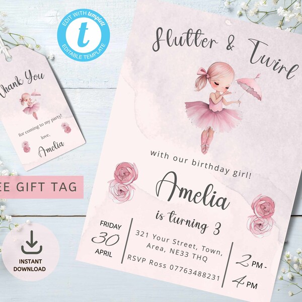 Editable Birthday Invitation for Girls Flutter and Twirl - Etsy