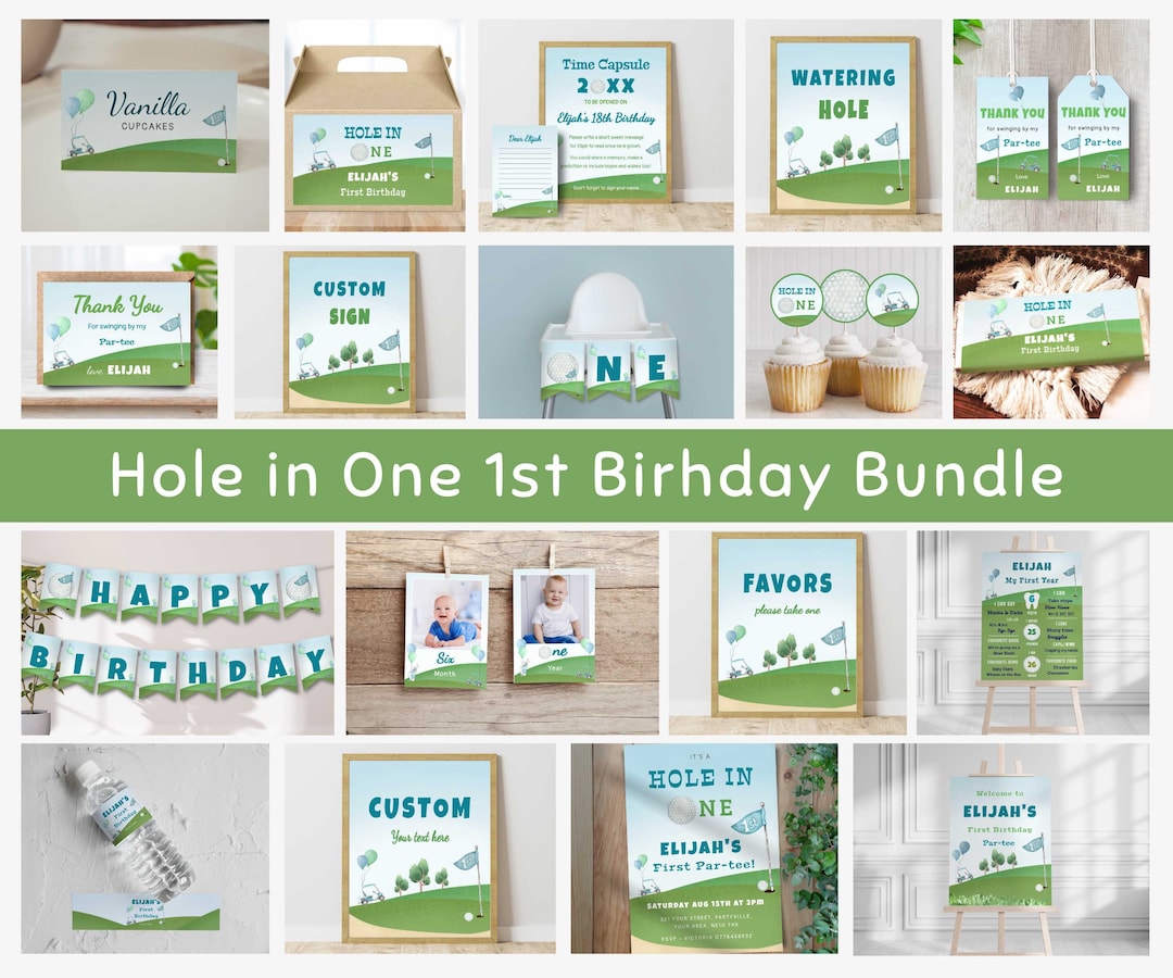 Hole-in-one Editable First Birthday Bundle, Editable Golf Birthday ...