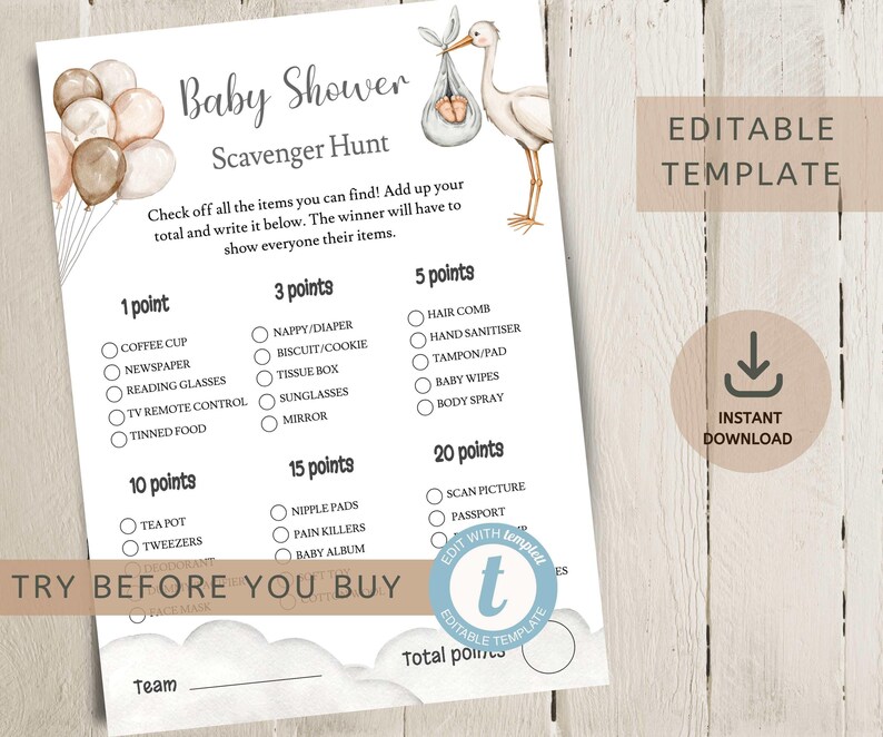 Scavenger Hunt Baby Shower Game, Neutral Baby Shower Game, Treasure ...
