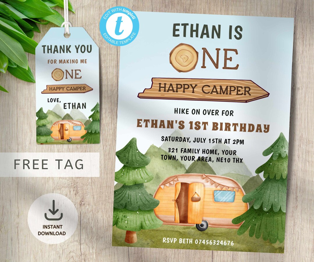 Happy Camper First Birthday Invitation, Editable One Happy Camper ...