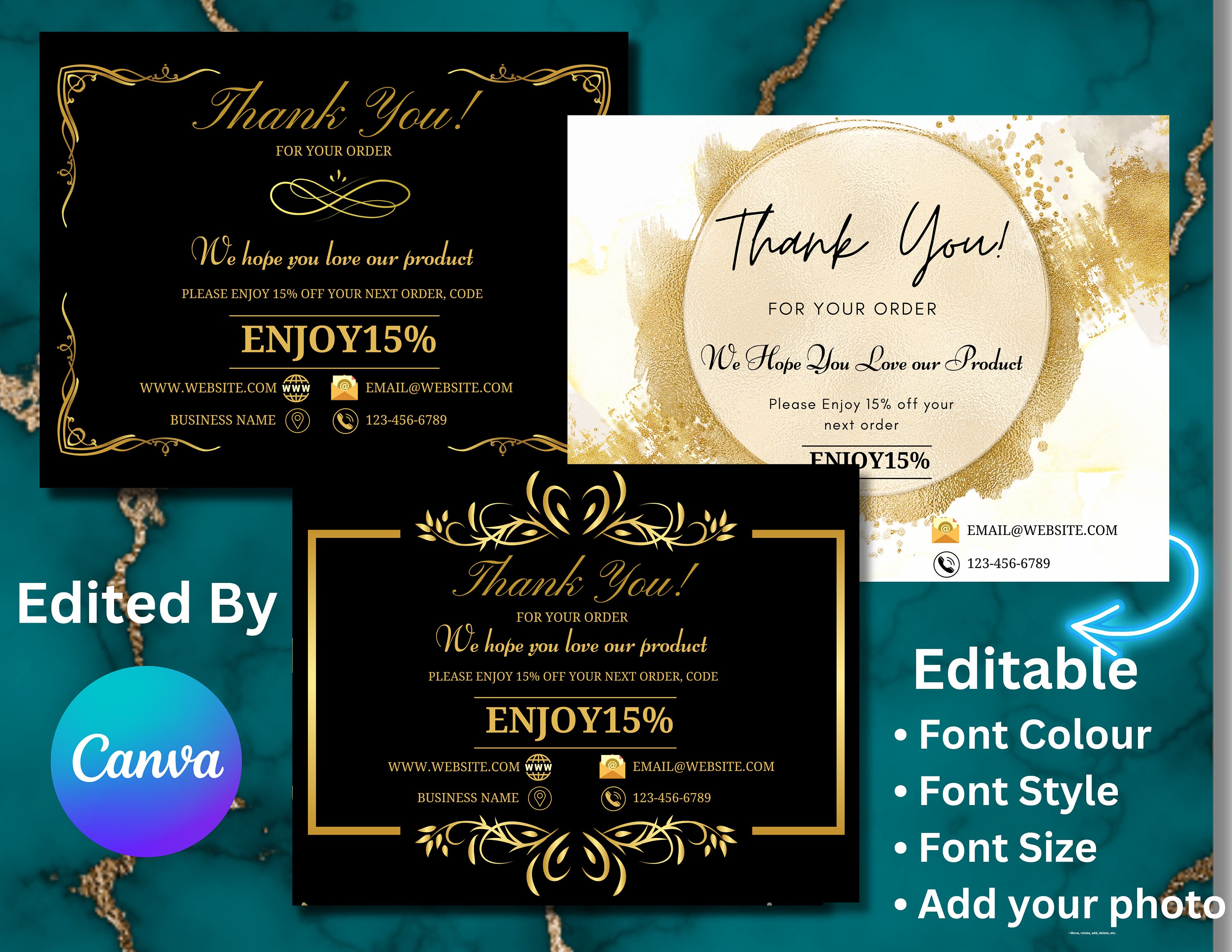 Editable Thank You Card Templets Golden Illustration, Jewelry Care Card ...
