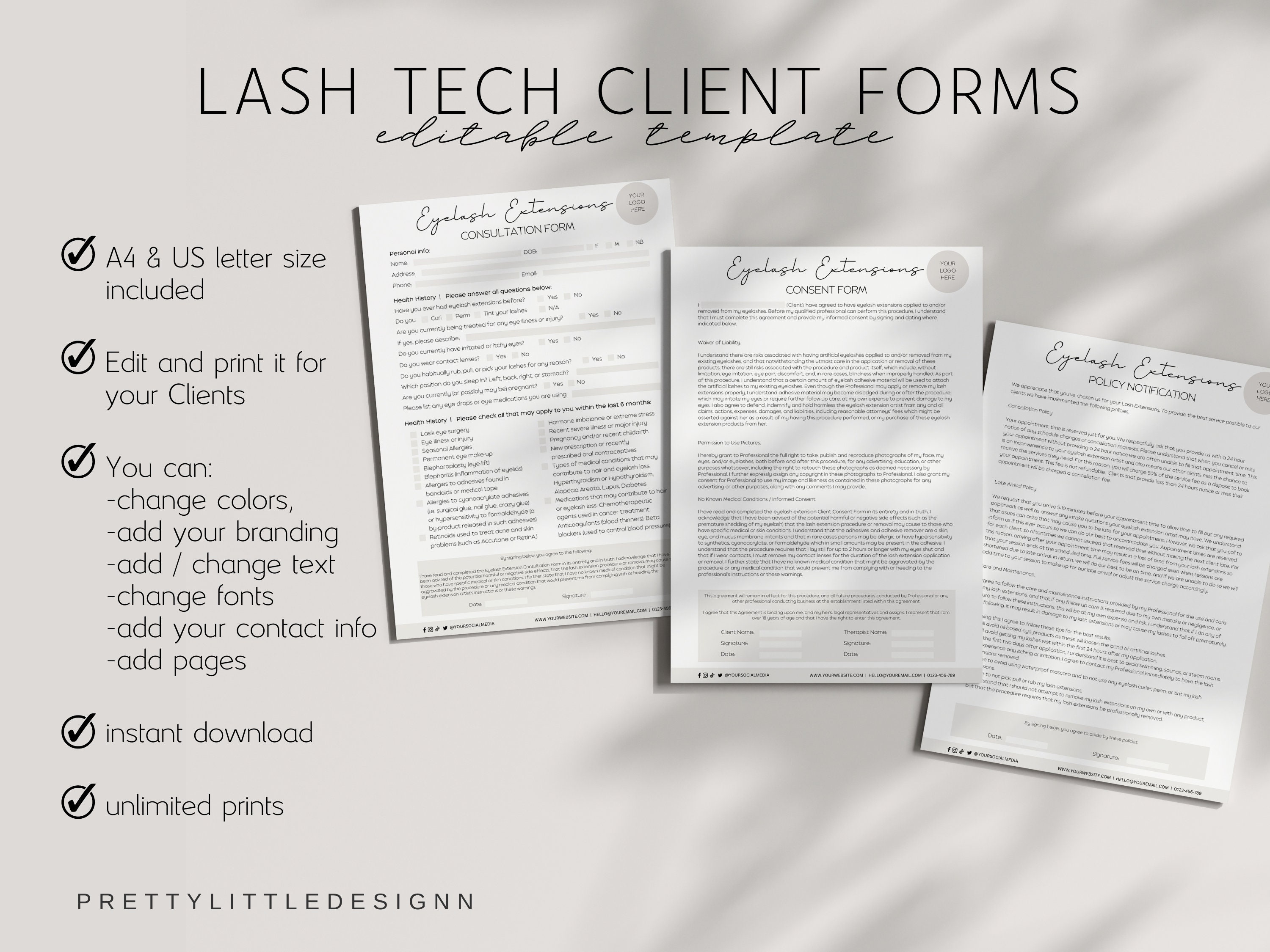 Eyelash Extension Forms, Editable Intake Form, Esthetician Forms, Lash ...