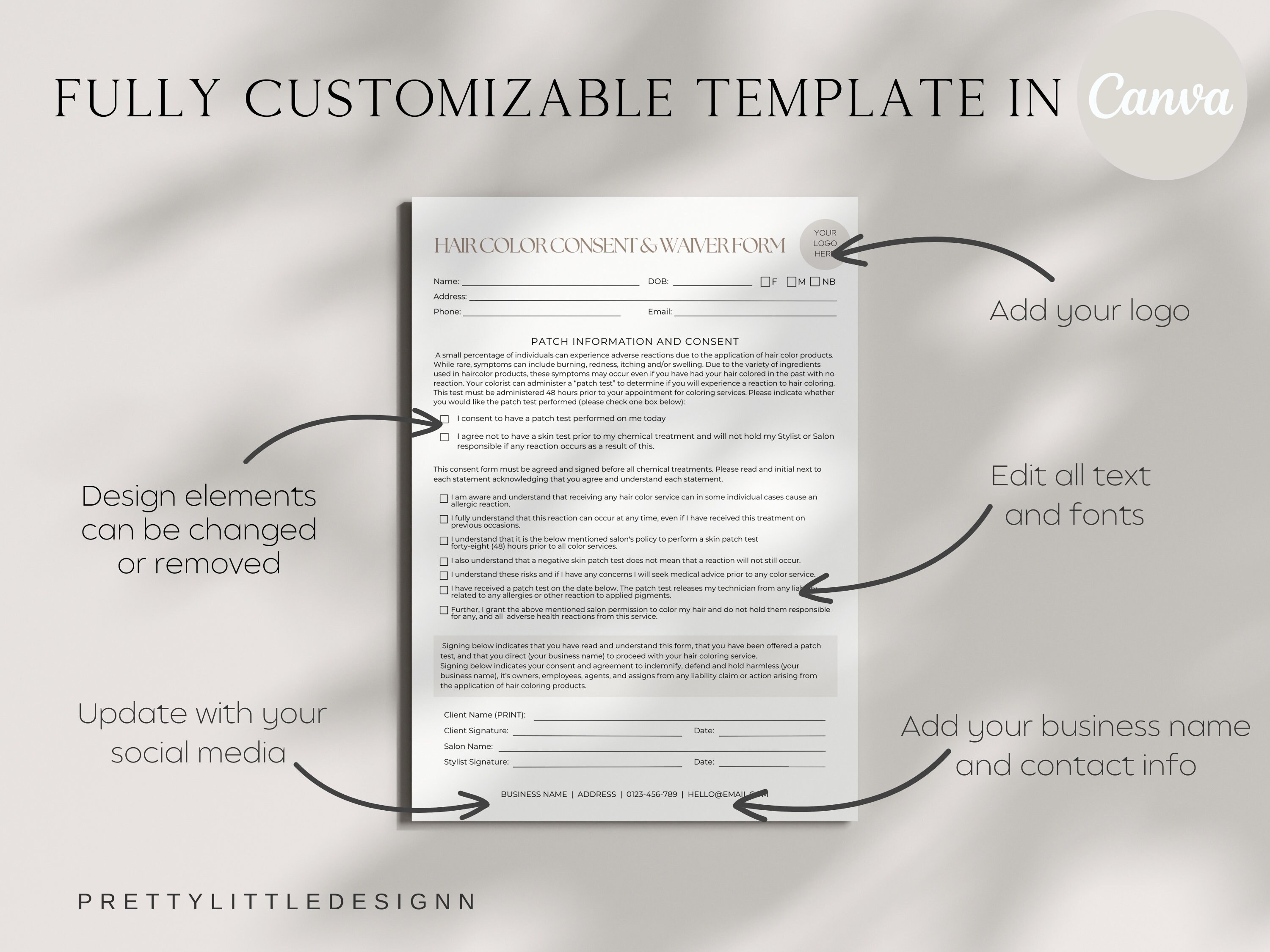 Consent for Hair Coloring, Hair Color Consent and Waiver Form, Hair ...